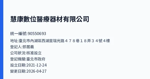 慧康數位醫療器材有限公司的照片-統編 90550693(臺北市) 公司登記資料與營業項目詳細圖表