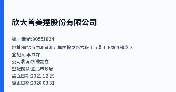 欣大首美達股份有限公司的照片-統編 90551834(臺北市) 公司登記資料與營業項目詳細圖表