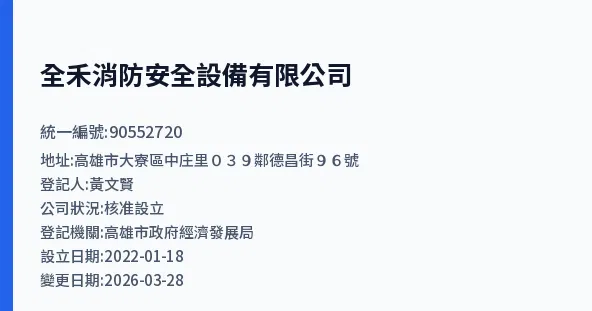 全禾消防安全設備有限公司的照片-統編 90552720(高雄市) 公司登記資料與營業項目詳細圖表