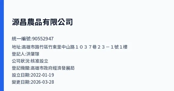 源昌農品有限公司的照片-統編 90552947(高雄市) 公司登記資料與營業項目詳細圖表