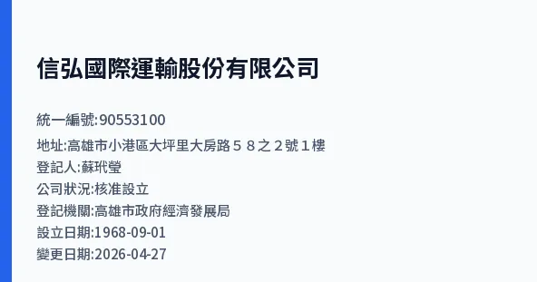 信弘國際運輸股份有限公司的照片-統編 90553100(高雄市) 公司登記資料與營業項目詳細圖表