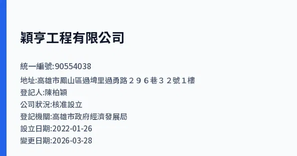 穎亨工程有限公司的照片-統編 90554038(高雄市) 公司登記資料與營業項目詳細圖表