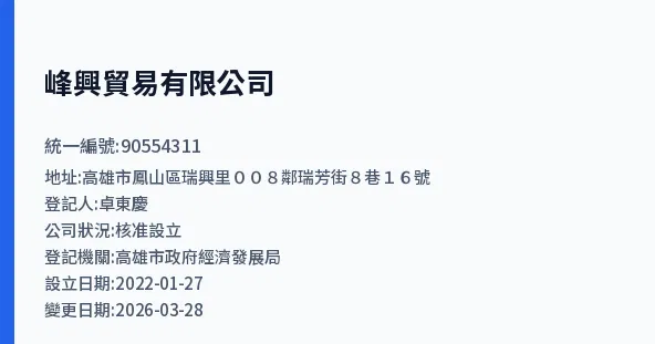 峰興貿易有限公司的照片-統編 90554311(高雄市) 公司登記資料與營業項目詳細圖表