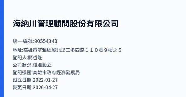 海納川管理顧問股份有限公司的照片-統編 90554348(高雄市) 公司登記資料與營業項目詳細圖表