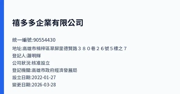 禧多多企業有限公司的照片-統編 90554430(高雄市) 公司登記資料與營業項目詳細圖表