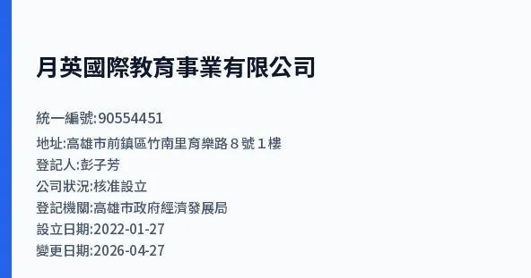 月英國際教育事業有限公司的照片-統編 90554451(高雄市) 公司登記資料與營業項目詳細圖表