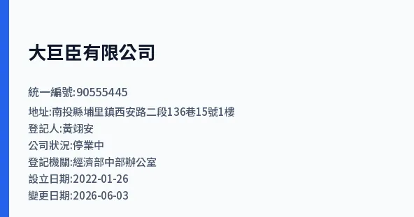 大巨臣有限公司的照片-統編 90555445(南投縣) 公司登記資料與營業項目詳細圖表