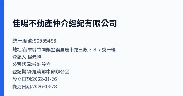 佳暘不動產仲介經紀有限公司的照片-統編 90555493(苗栗縣) 公司登記資料與營業項目詳細圖表