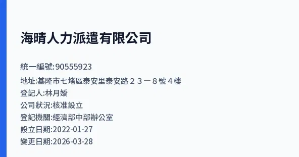 海晴人力派遣有限公司的照片-統編 90555923(基隆市) 公司登記資料與營業項目詳細圖表