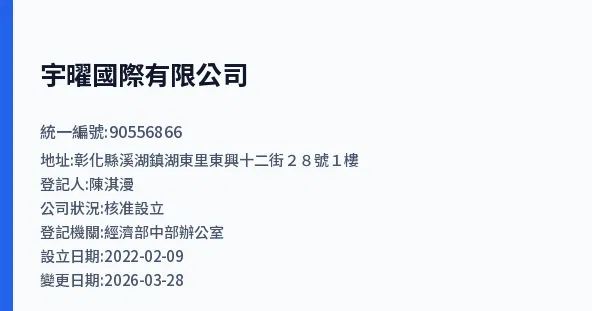 宇曜國際有限公司的照片-統編 90556866(彰化縣) 公司登記資料與營業項目詳細圖表