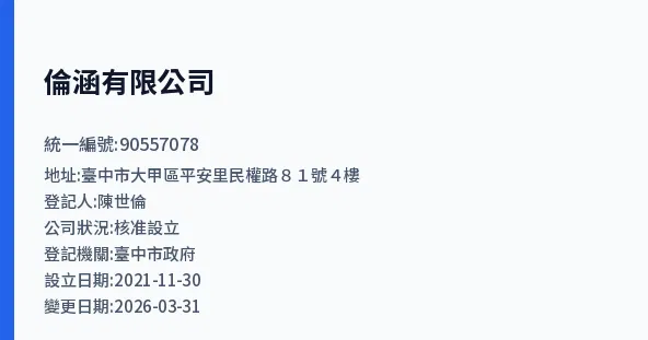 倫涵有限公司的照片-統編 90557078(臺中市) 公司登記資料與營業項目詳細圖表