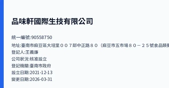 品味軒國際生技有限公司的照片-統編 90558750(臺南市) 公司登記資料與營業項目詳細圖表