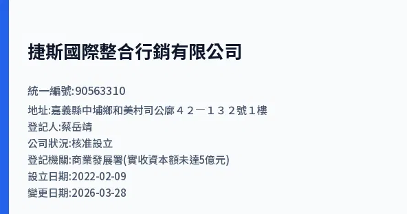 捷斯國際整合行銷有限公司的照片-統編 90563310(嘉義縣) 公司登記資料與營業項目詳細圖表