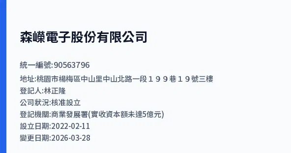 森嶸電子股份有限公司的照片-統編 90563796(桃園市) 公司登記資料與營業項目詳細圖表