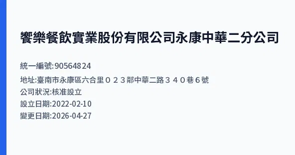 饗樂餐飲實業股份有限公司永康中華二分公司的照片-統編 90564824(臺南市) 公司登記資料與營業項目詳細圖表