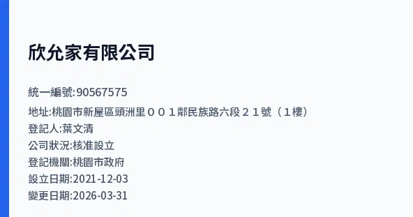 欣允家有限公司的照片-統編 90567575(桃園市) 公司登記資料與營業項目詳細圖表