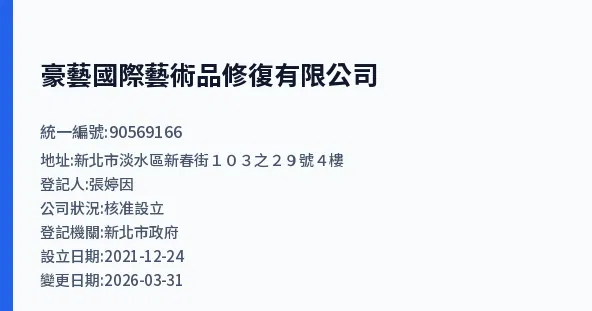 豪藝國際藝術品修復有限公司的照片-統編 90569166(新北市) 公司登記資料與營業項目詳細圖表