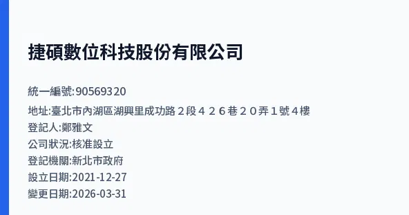 捷碩數位科技股份有限公司的照片-統編 90569320(臺北市) 公司登記資料與營業項目詳細圖表