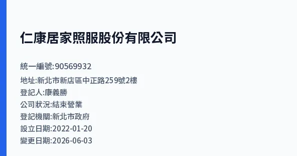 仁康居家照服股份有限公司的照片-統編 90569932(新北市) 公司登記資料與營業項目詳細圖表