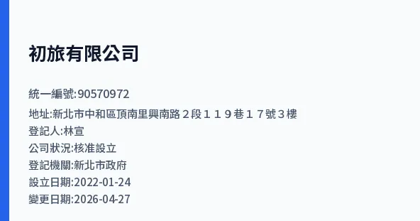 初旅有限公司的照片-統編 90570972(新北市) 公司登記資料與營業項目詳細圖表
