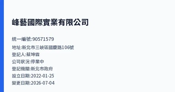 峰藝國際實業有限公司的照片-統編 90571579(新北市) 公司登記資料與營業項目詳細圖表