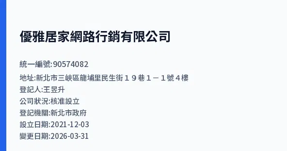 優雅居家網路行銷有限公司的照片-統編 90574082(新北市) 公司登記資料與營業項目詳細圖表