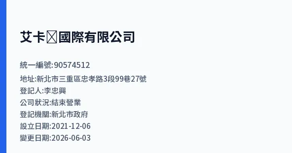 艾卡儞國際有限公司的照片-統編 90574512(新北市) 公司登記資料與營業項目詳細圖表