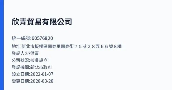 欣青貿易有限公司的照片-統編 90576820(新北市) 公司登記資料與營業項目詳細圖表