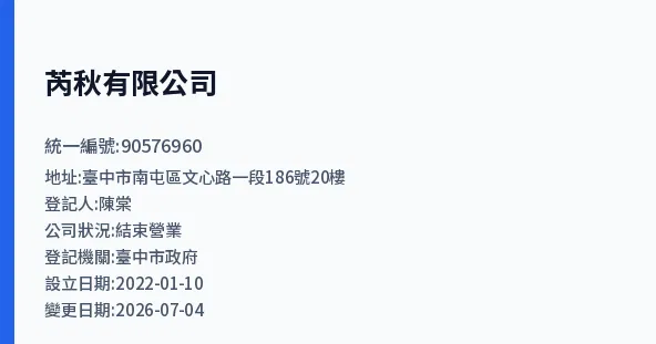 芮秋有限公司的照片-統編 90576960(臺中市) 公司登記資料與營業項目詳細圖表