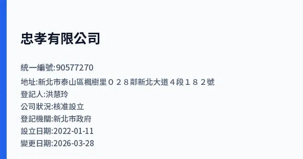 忠孝有限公司的照片-統編 90577270(新北市) 公司登記資料與營業項目詳細圖表