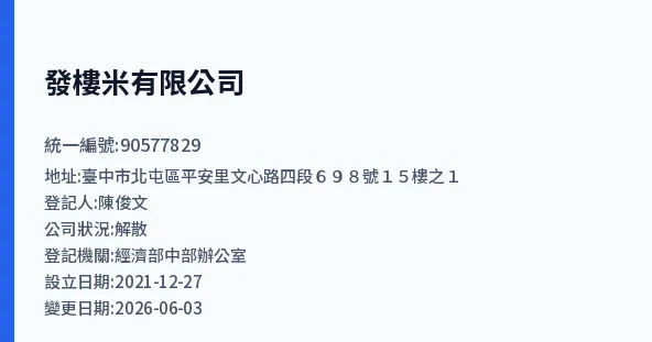 發樓米有限公司的照片-統編 90577829(臺中市) 公司登記資料與營業項目詳細圖表