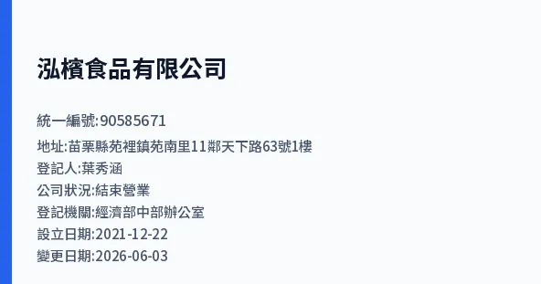 泓檳食品有限公司的照片-統編 90585671(苗栗縣) 公司登記資料與營業項目詳細圖表