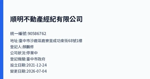 順明不動產經紀有限公司的照片-統編 90586762(臺中市) 公司登記資料與營業項目詳細圖表