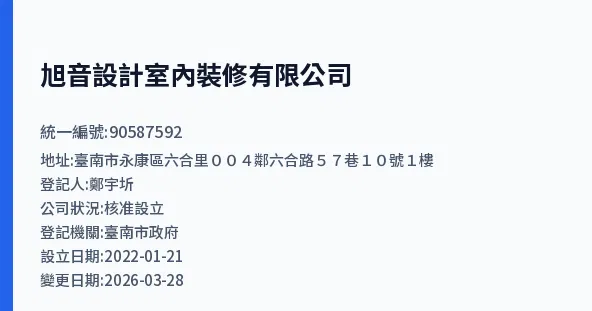 旭音設計室內裝修有限公司的照片-統編 90587592(臺南市) 公司登記資料與營業項目詳細圖表