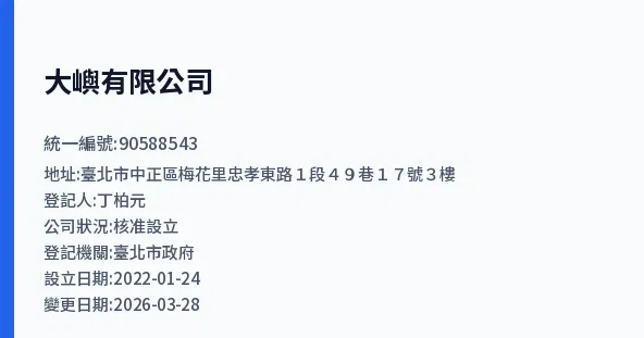 大嶼有限公司的照片-統編 90588543(臺北市) 公司登記資料與營業項目詳細圖表
