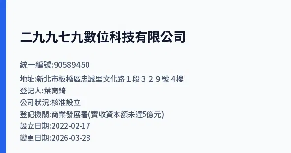 二九九七九數位科技有限公司的照片-統編 90589450(新北市) 公司登記資料與營業項目詳細圖表