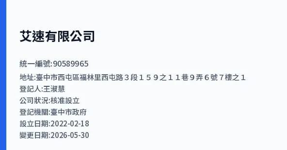 艾速有限公司的照片-統編 90589965(臺中市) 公司登記資料與營業項目詳細圖表