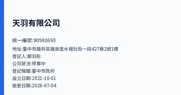 天羽有限公司的照片-統編 90592693(臺中市) 公司登記資料與營業項目詳細圖表