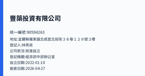豐築投資有限公司的照片-統編 90594263(宜蘭縣) 公司登記資料與營業項目詳細圖表
