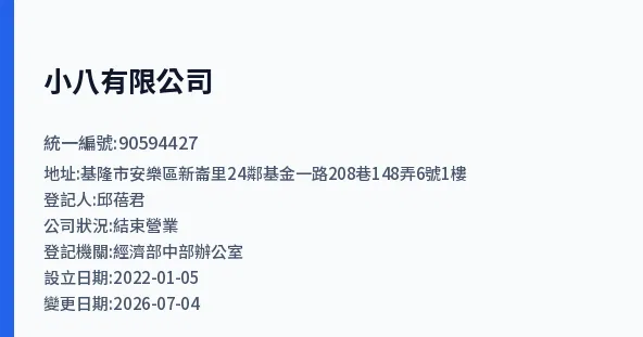 小八有限公司的照片-統編 90594427(基隆市) 公司登記資料與營業項目詳細圖表