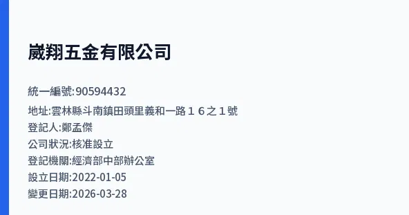 崴翔五金有限公司的照片-統編 90594432(雲林縣) 公司登記資料與營業項目詳細圖表