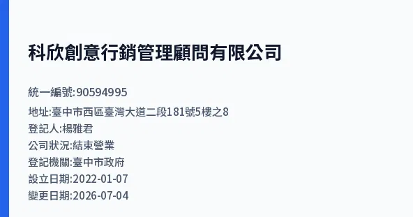 科欣創意行銷管理顧問有限公司的照片-統編 90594995(臺中市) 公司登記資料與營業項目詳細圖表