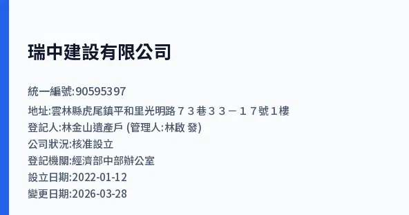 瑞中建設有限公司的照片-統編 90595397(雲林縣) 公司登記資料與營業項目詳細圖表