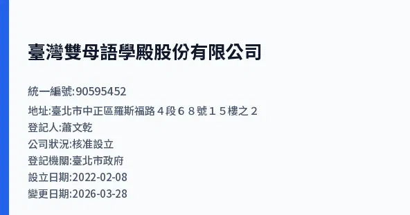 臺灣雙母語學殿股份有限公司的照片-統編 90595452(臺北市) 公司登記資料與營業項目詳細圖表