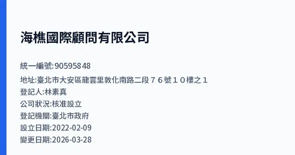 海樵國際顧問有限公司的照片-統編 90595848(臺北市) 公司登記資料與營業項目詳細圖表