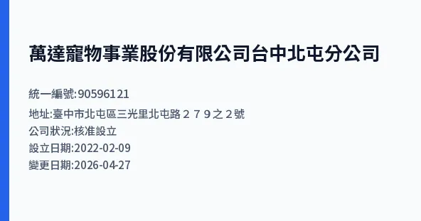 萬達寵物事業股份有限公司台中北屯分公司的照片-統編 90596121(臺中市) 公司登記資料與營業項目詳細圖表