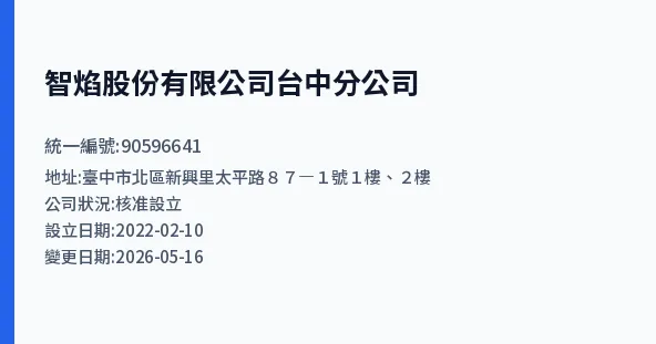智焰股份有限公司台中分公司的照片-統編 90596641(臺中市) 公司登記資料與營業項目詳細圖表