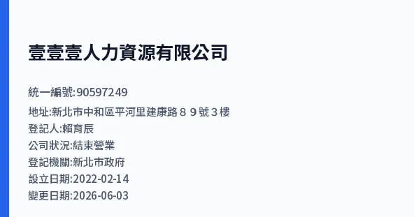 壹壹壹人力資源有限公司的照片-統編 90597249(新北市) 公司登記資料與營業項目詳細圖表
