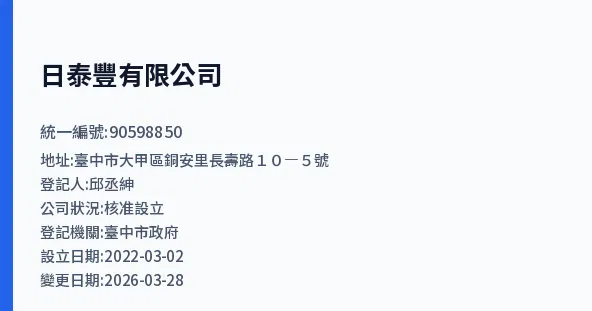 日泰豐有限公司的照片-統編 90598850(臺中市) 公司登記資料與營業項目詳細圖表