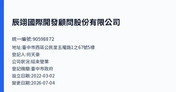 辰翊國際開發顧問股份有限公司的照片-統編 90598872(臺中市) 公司登記資料與營業項目詳細圖表